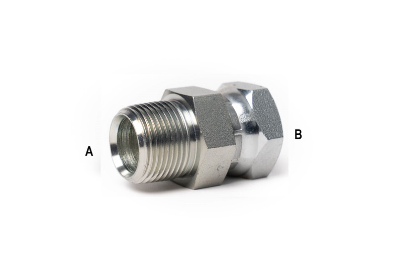 Male Pipe to F Pipe Swivel Straight - 3/4-14 A, 1/2-14 B